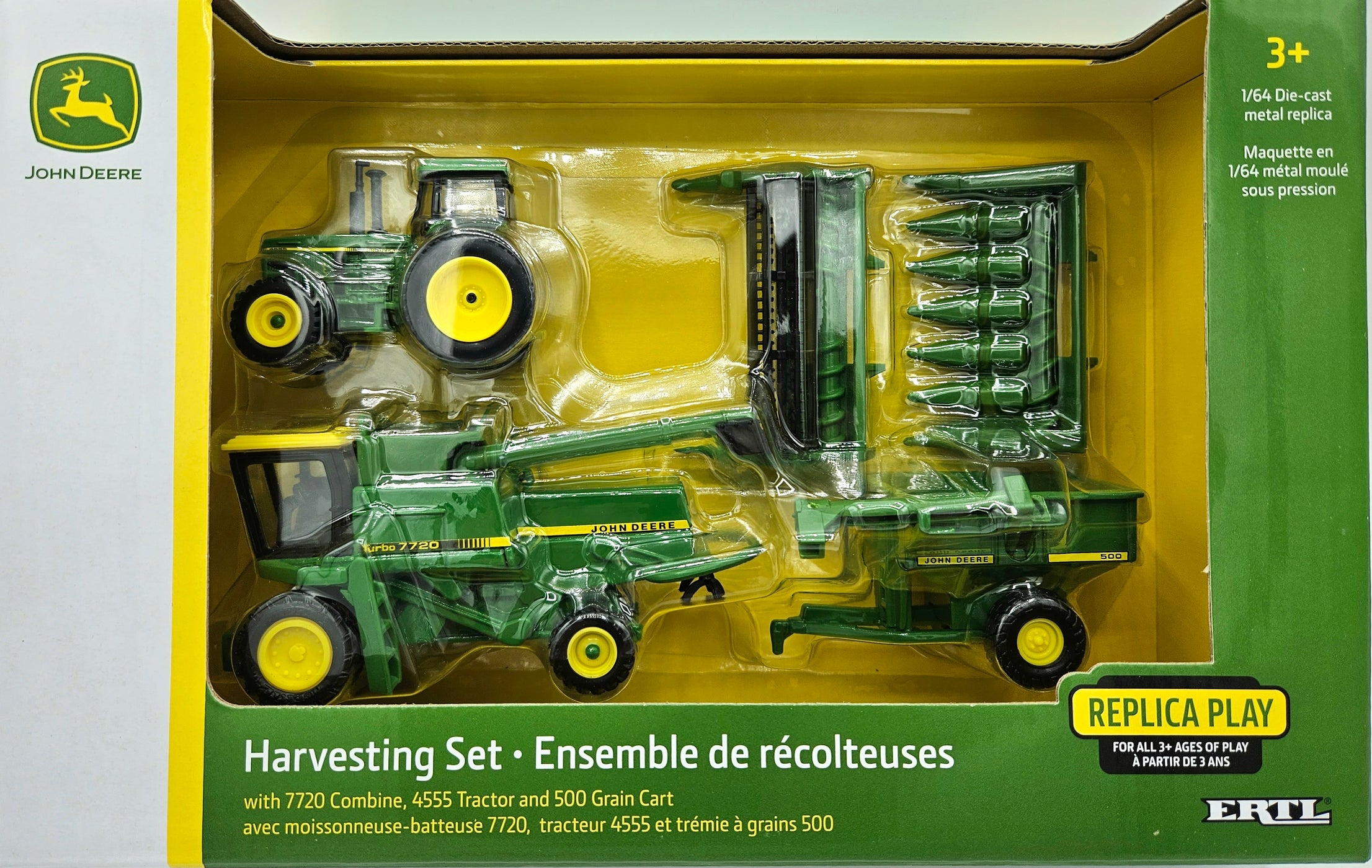 1/64 ERTL TOY JOHN DEERE HARVESTING SET 7720 COMBINE 4555 TRACTOR 500